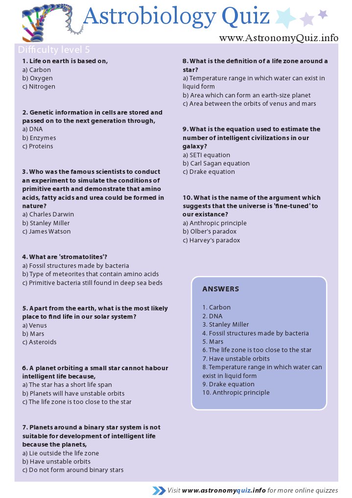 Astrobiology Quiz: Life and Conditions | PDF | Astrobiology ...