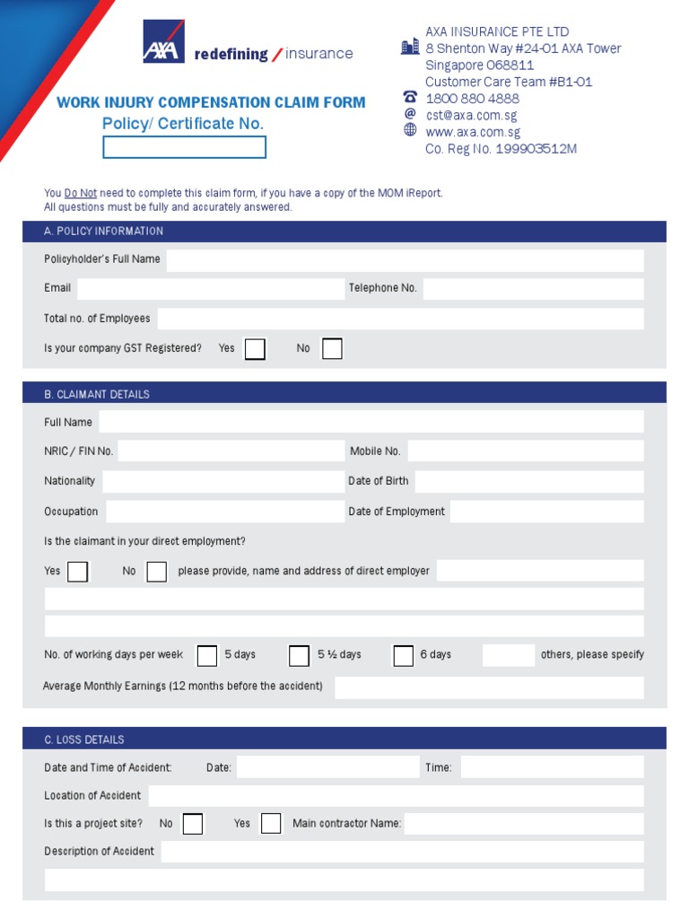 Commercial Work Injury Compensation Claim Form | PDF | Insurance ...