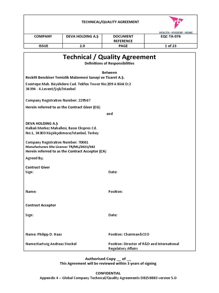EQC-TA-076 Technical Agreement Reckitt - DeVA V2 | PDF | Packaging And ...