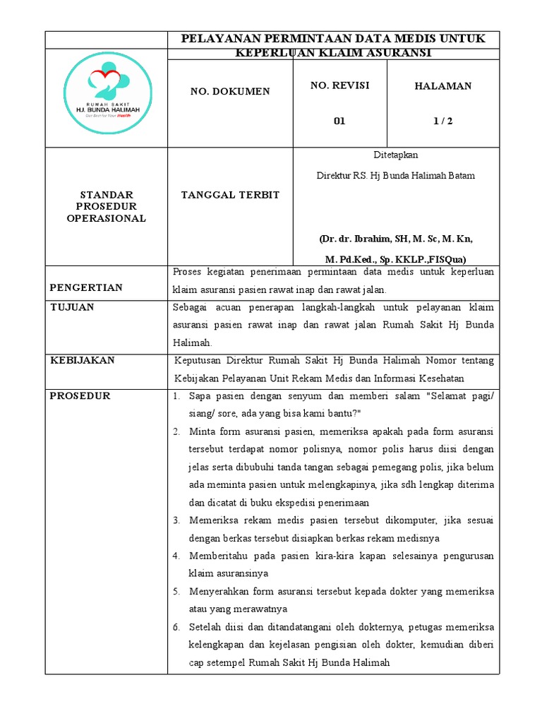 SPO Pelayanan Permintaan Data Medis Untuk Keperluan Klaim Asuransi | PDF