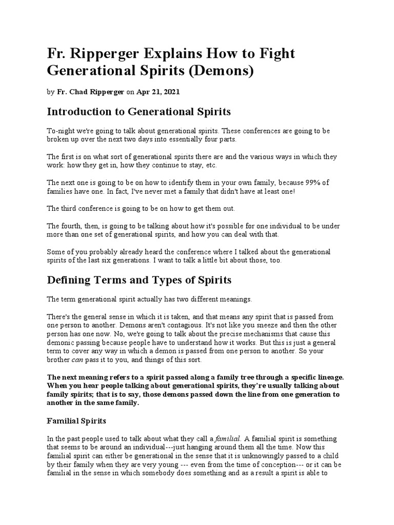 Fr. Ripperger Explains How To Fight Generational Spirits (Demons) | PDF ...