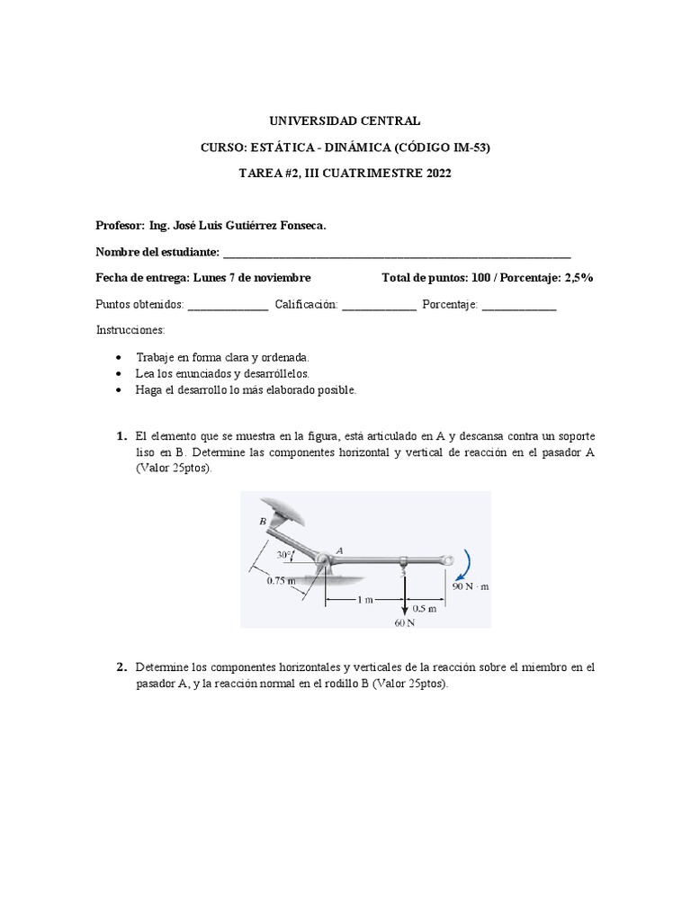 Tarea #2 Estática - Dinámica | PDF