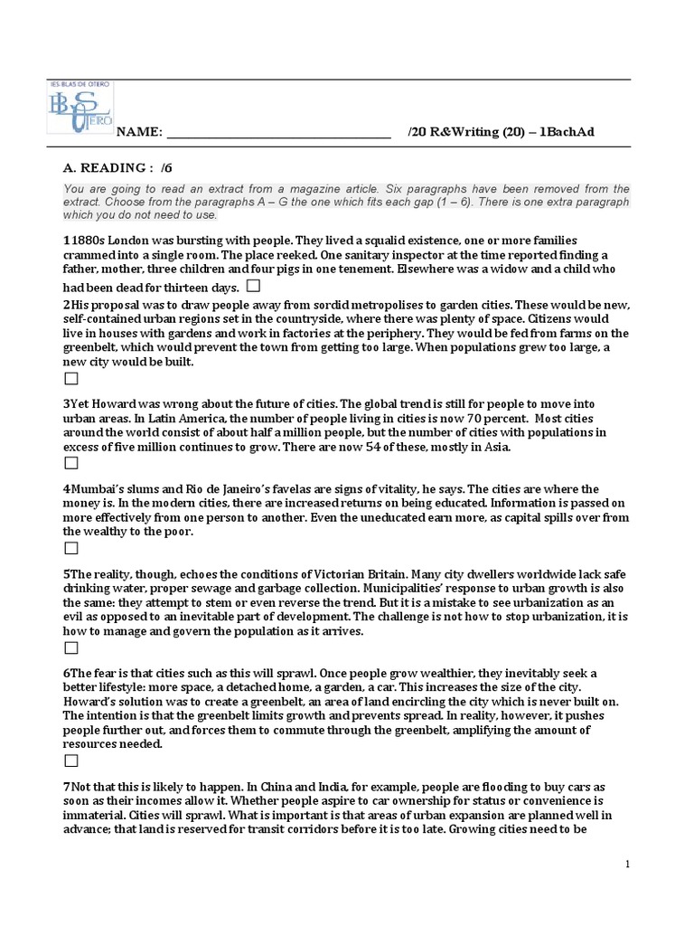 Reading J Listening Writing1bachnov20 | PDF | City | Urban Sprawl