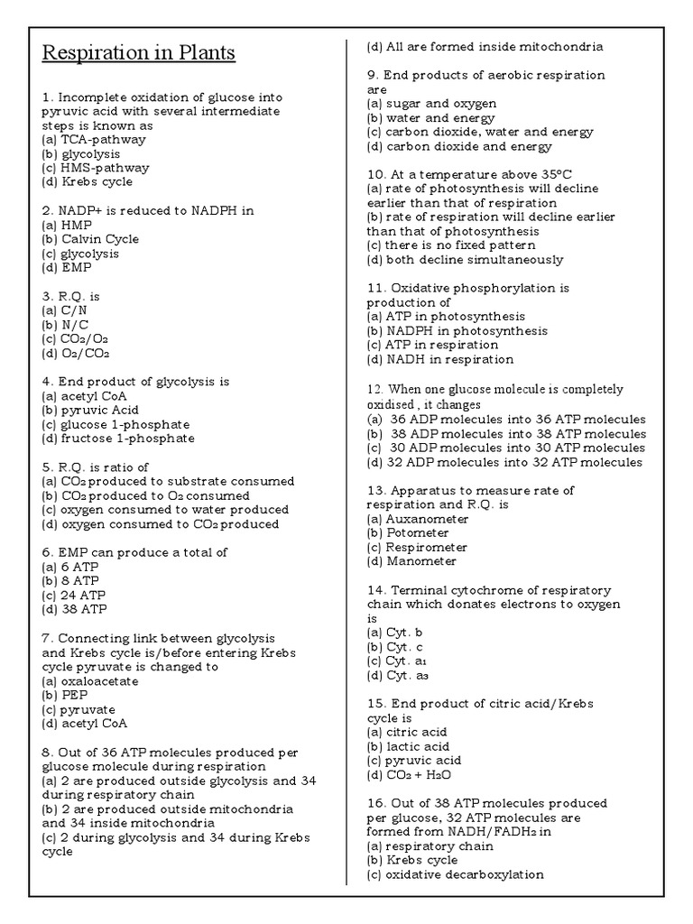 Respiration in Plants | PDF | Cellular Respiration | Adenosine Triphosphate