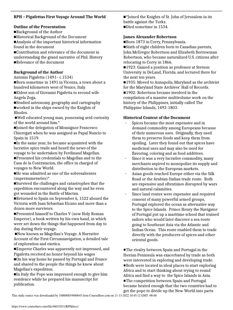 RPH - Pigafettas First Voyage Around The World Outline of The ...