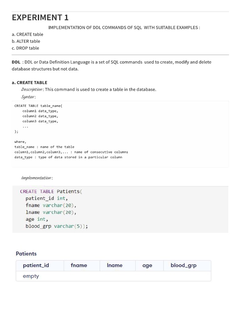 Implementation of DDL Commands of SQL With Suitable Examples. A. Create ...