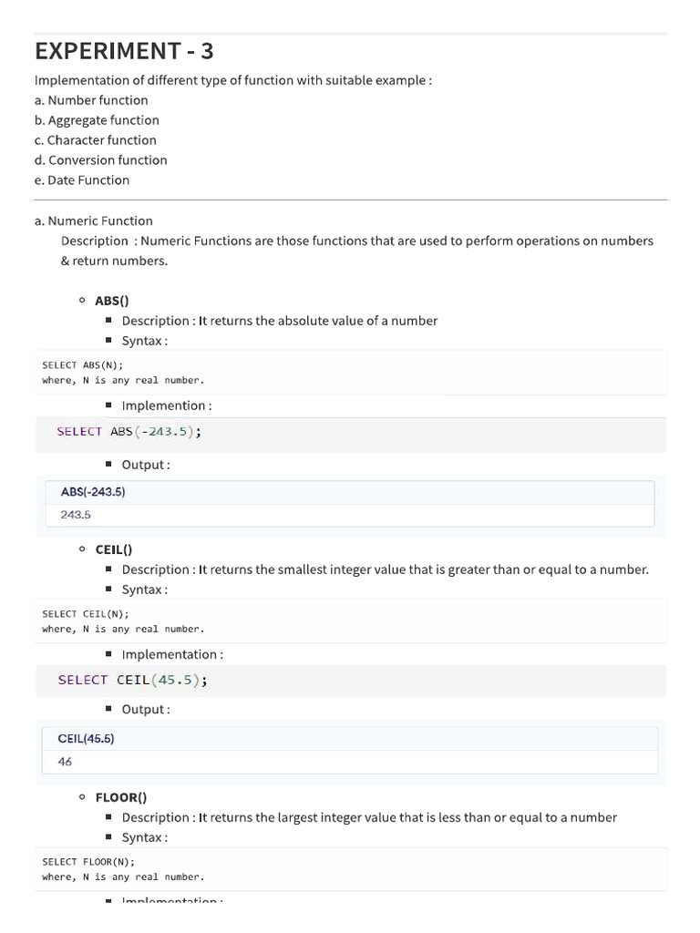 Implementation of Different Type of Function With Suitable Example A. Number Function B ...