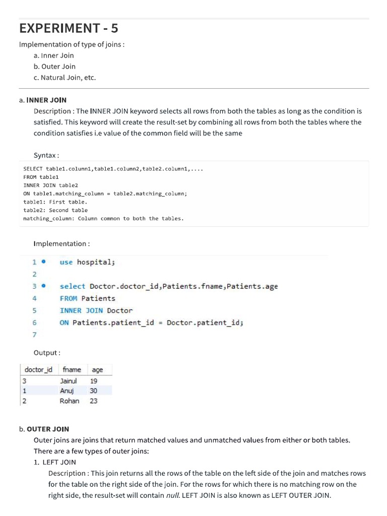 Implementation of Type of Joins. A. Inner Join B. Outer Join C. Natural ...