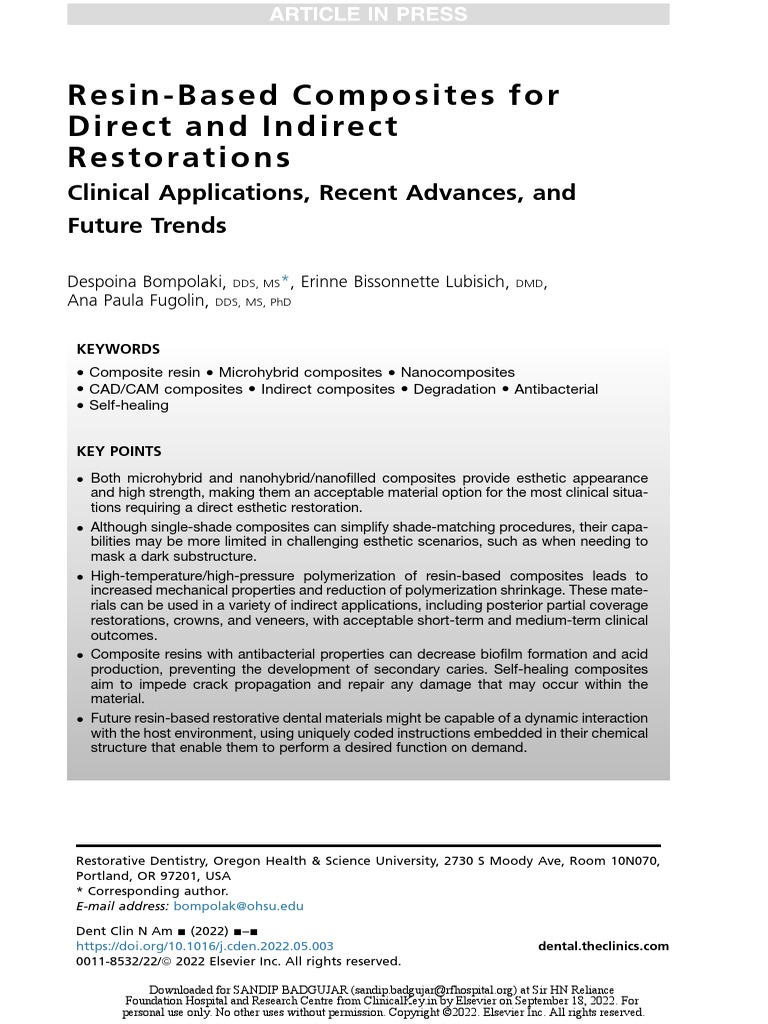 Resin Based Composites For Direct and Indirect Restorations | PDF ...