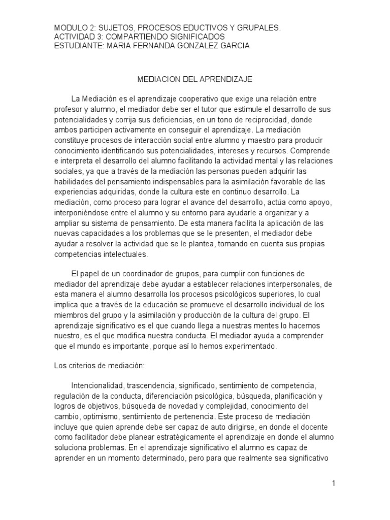 La mediación del aprendizaje: un proceso de interacción social entre alumno y maestro | PDF ...