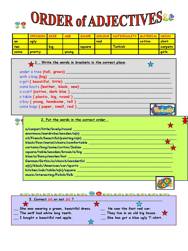 Order of Adjectives - Handout 6th | PDF