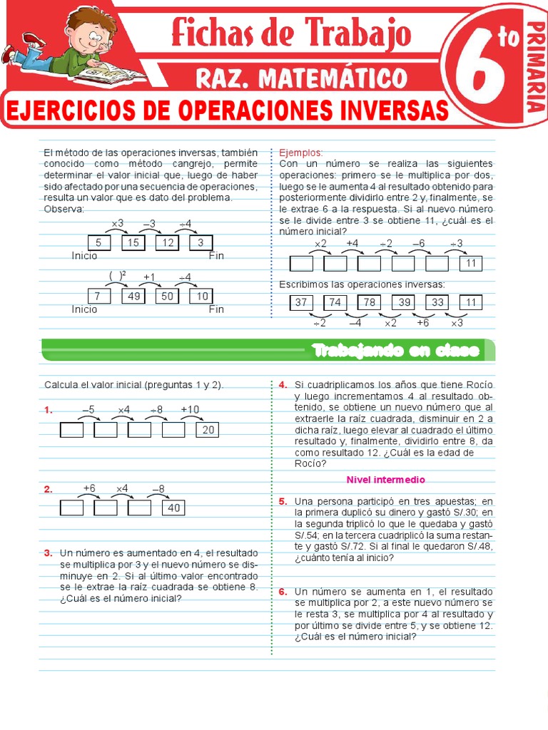 Ejercicios de Operaciones Inversas para Sexto Grado de Primaria | PDF