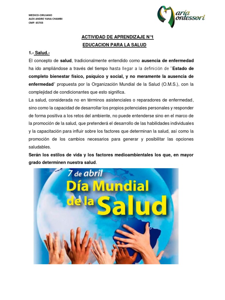 Actividad de Aprendizaje N°1 Educacion para La Salud | PDF ...