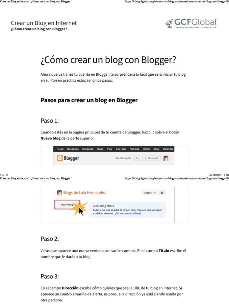 Crear un Blog en Internet ¿Cómo crear un blog con Blogger (1) | PDF ...