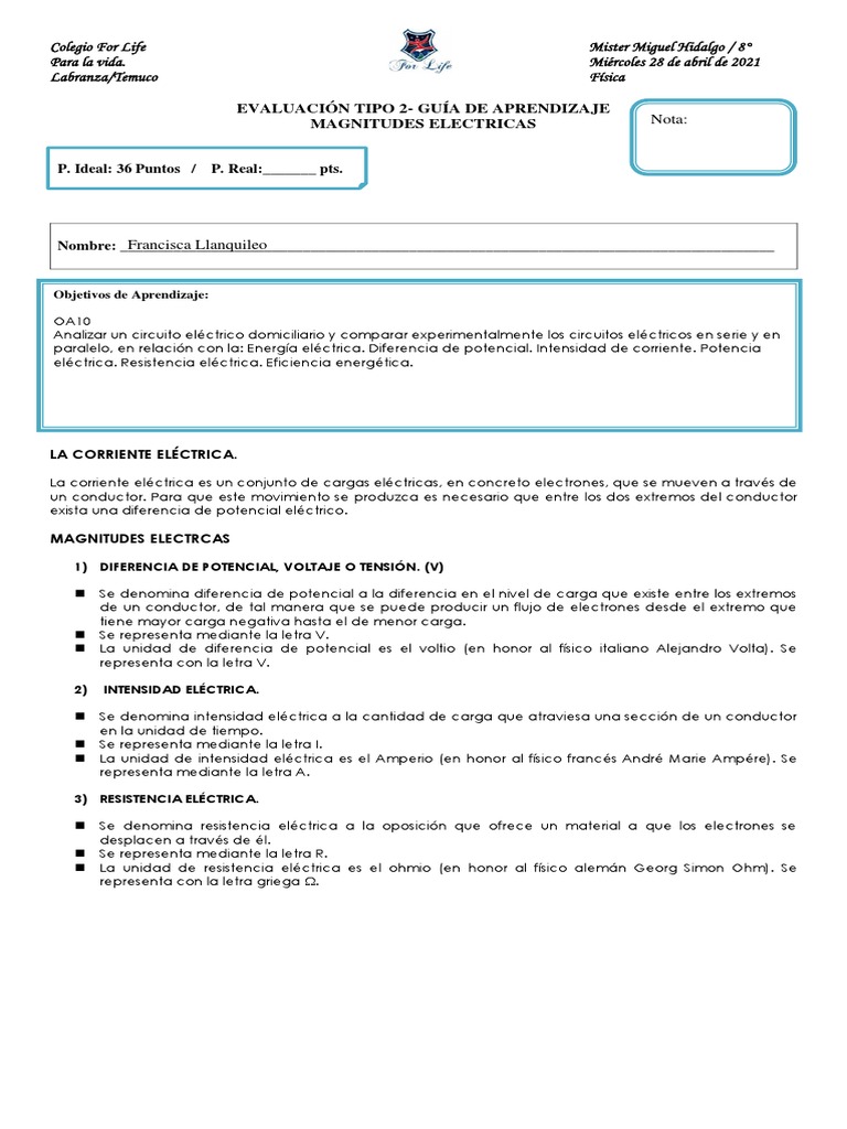 8° Física Magnitudes Electricas Guía Ev Tipo 2 | PDF | Corriente eléctrica | Resistencia ...