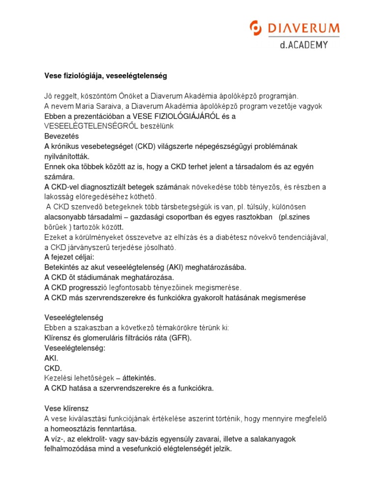 1.HUN RFRP Script - Vese Fiziológiája, Veseelégtelenség | PDF