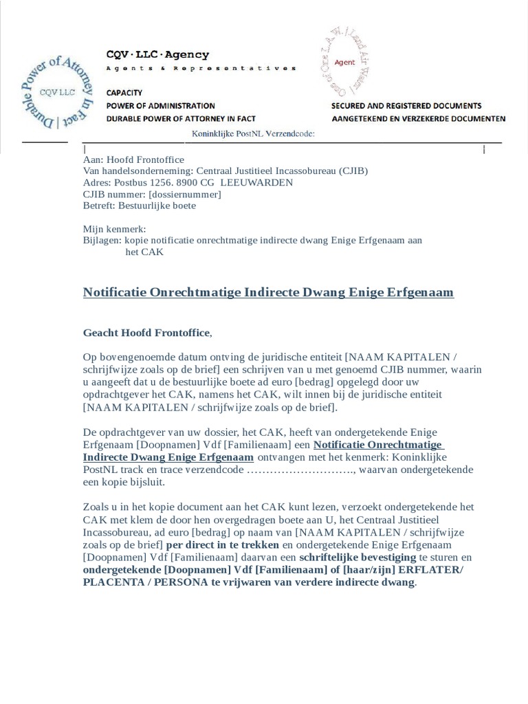 Notificatie Onrechtmatige Indirecte Dwang Enige Erfgenaam: Geacht Hoofd ...