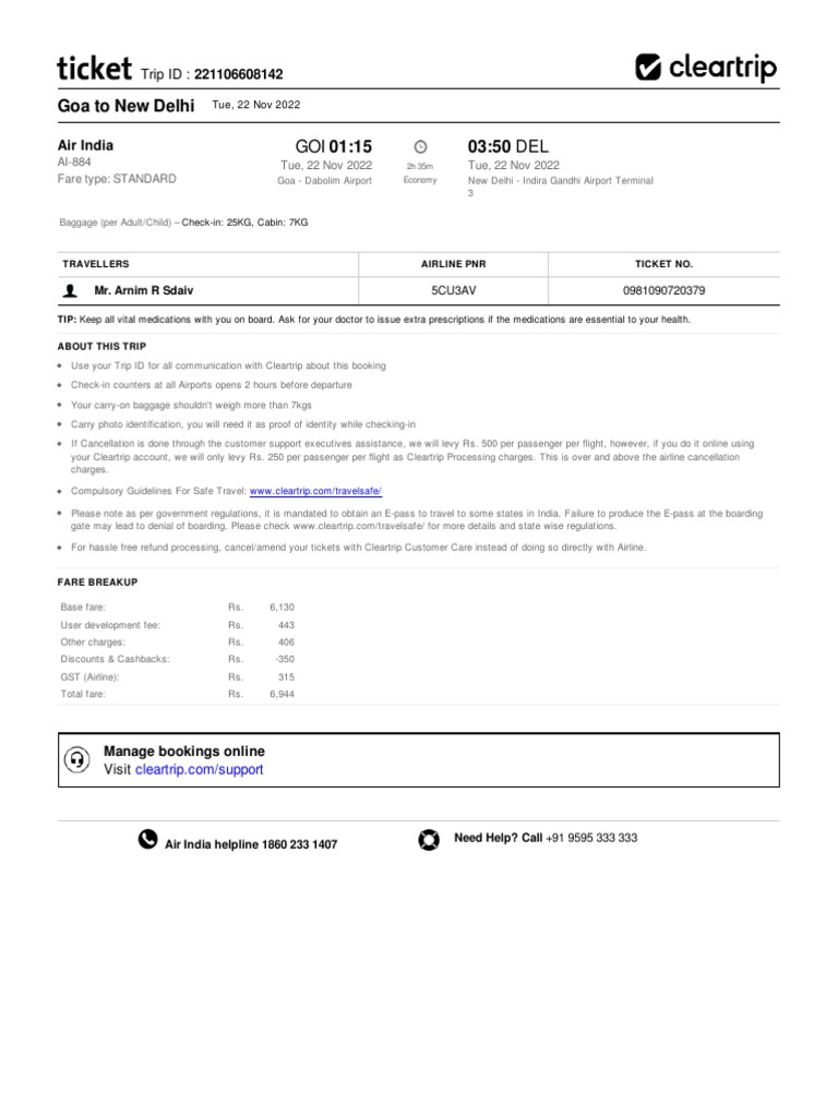 Cleartrip Flight Domestic E-Ticket | PDF | Transport | Aviation