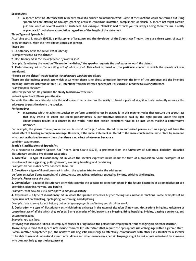 Speech Acts-Handout | PDF | Semantics | Semiotics