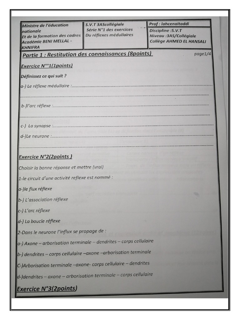 SVVT 3AS Col Correction de La Série N°1des Exercices Du Reflexe Médullaire | PDF