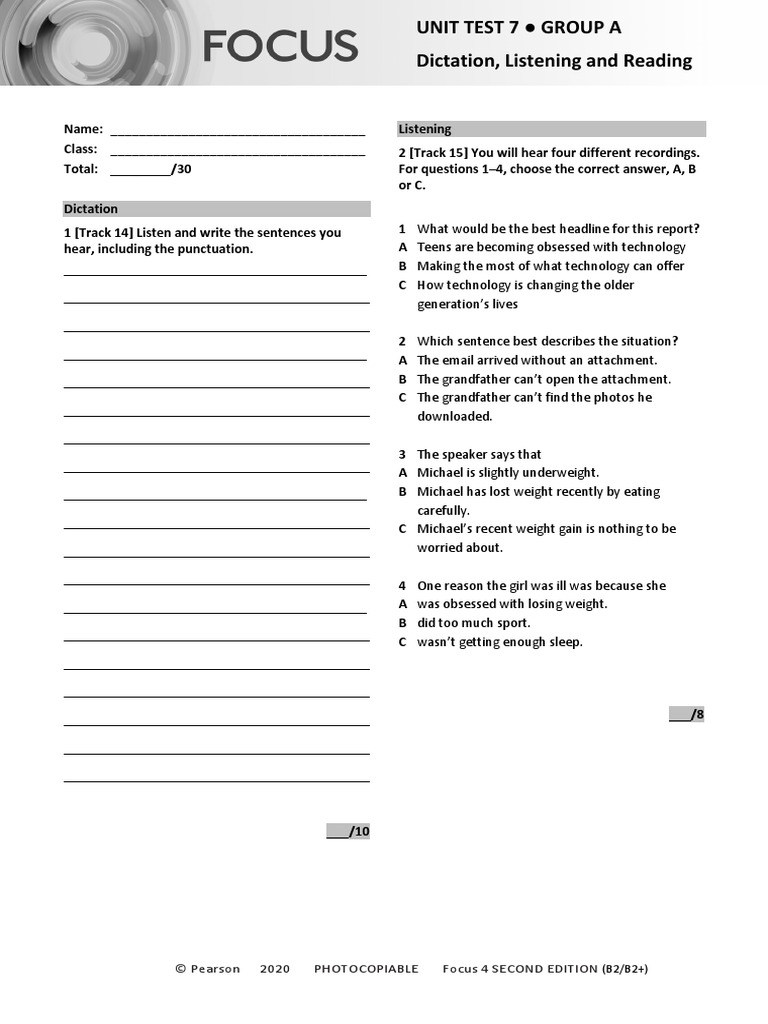 Focus4 2E Unit Test Dictation Listening Reading Unit7 GroupA | PDF ...