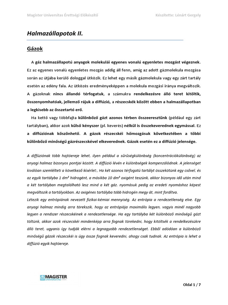 Kemia 08. Fejezet HalmazallapotokII Gazok Es Folyadekok | PDF