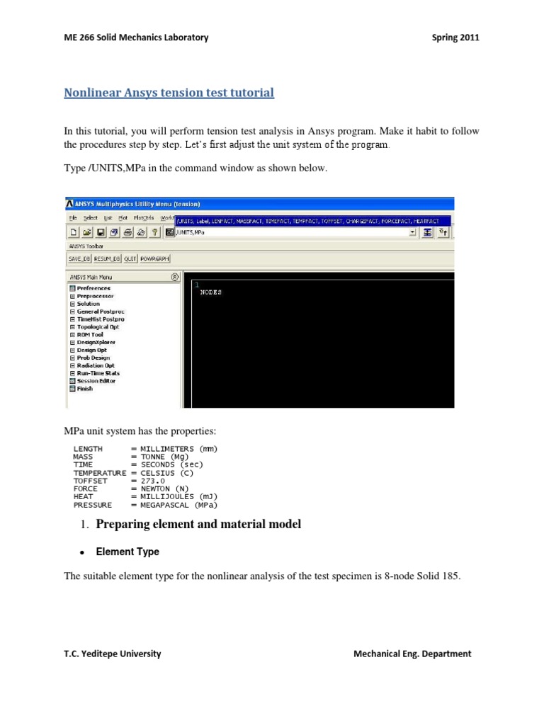 Nonlinear Ansys Tension Test Tutorial: 1. Preparing Element and ...