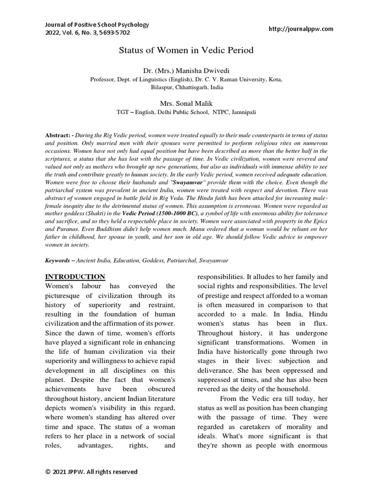 Status of Women in Vedic Period: Journal of Positive School Psychology ...