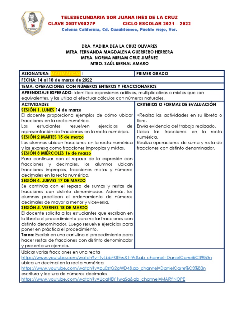 Plan Matemáticas 14 18marzo 22 Pdf Matemáticas álgebra Abstracta