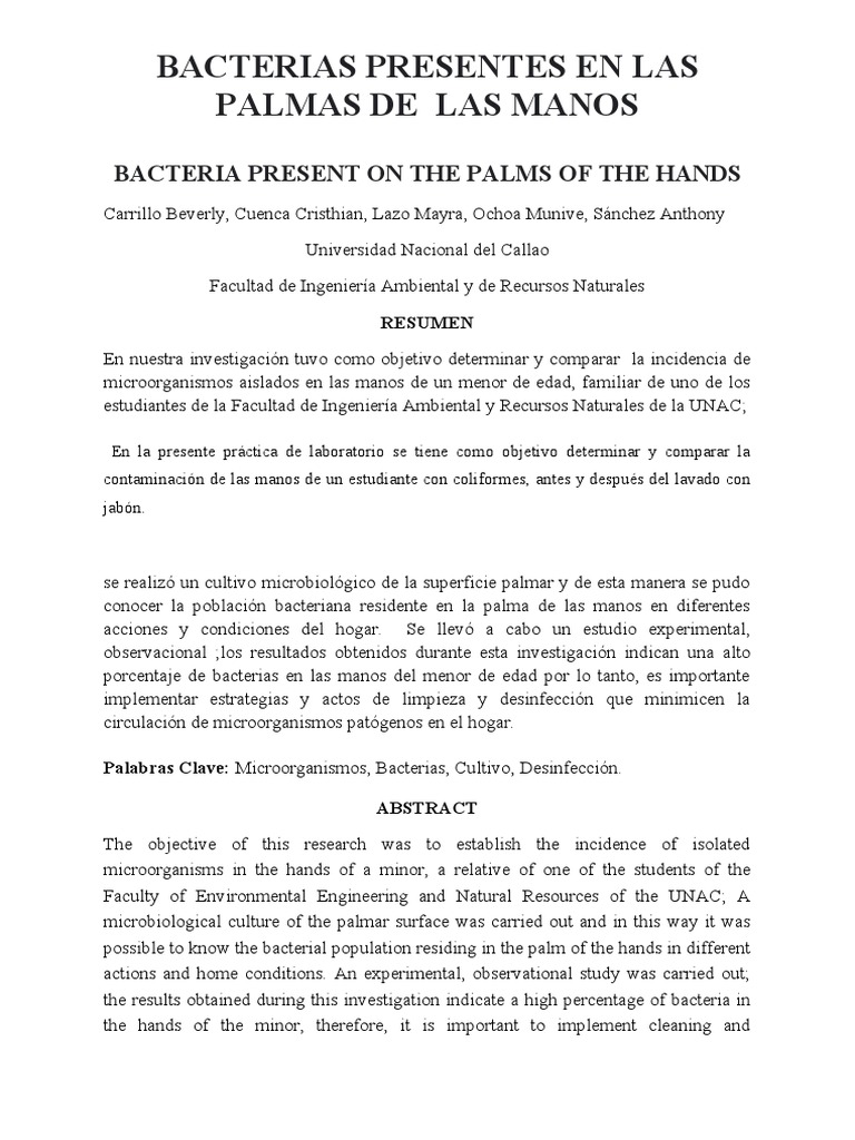 BACTERIAS PRESENTES EN LAS PALMAS DE LAS MANOS - Grupo 3 | PDF | Las ...