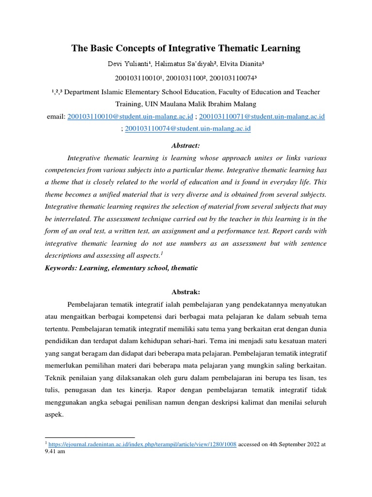 The Basic Concepts of Integrative Thematic Learning | PDF | Learning ...