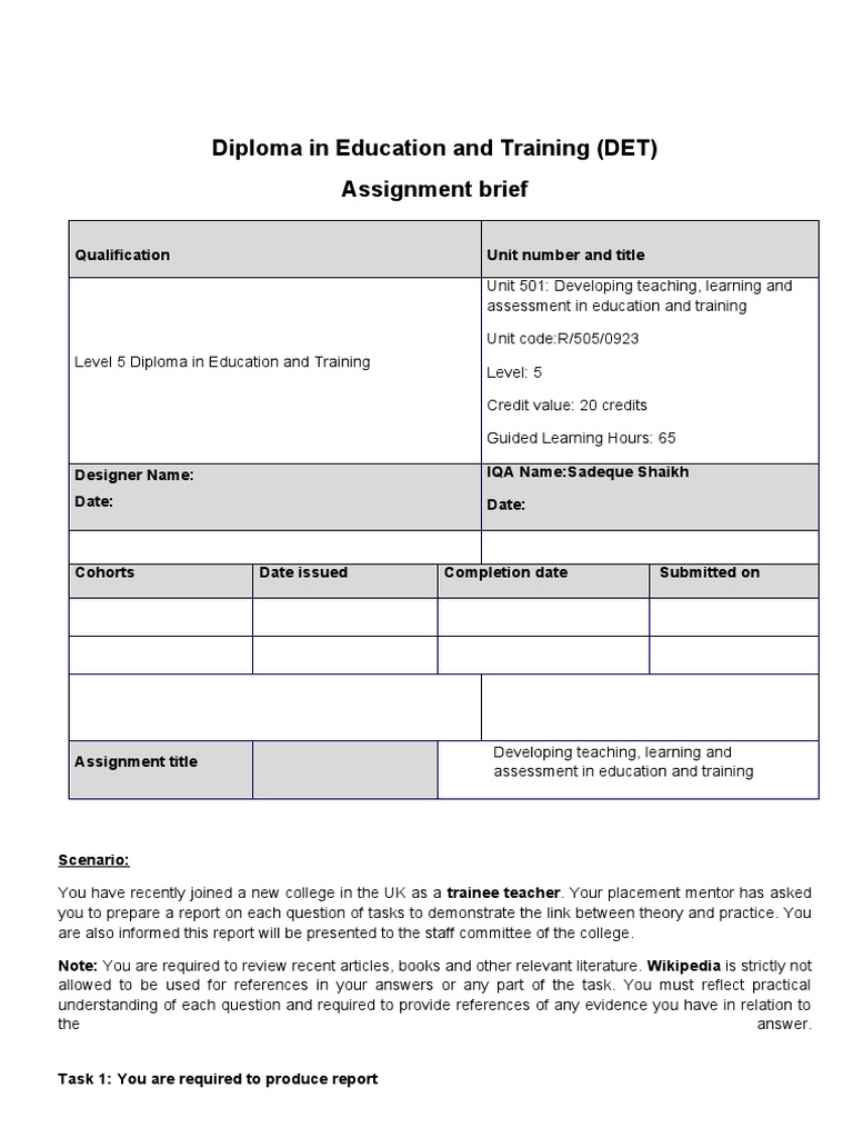 Assignment Brief Unit 501 | PDF | Teaching Method | Educational Assessment Assignment Brief Unit 501 | PDF | Teaching Method | Educational Assessment