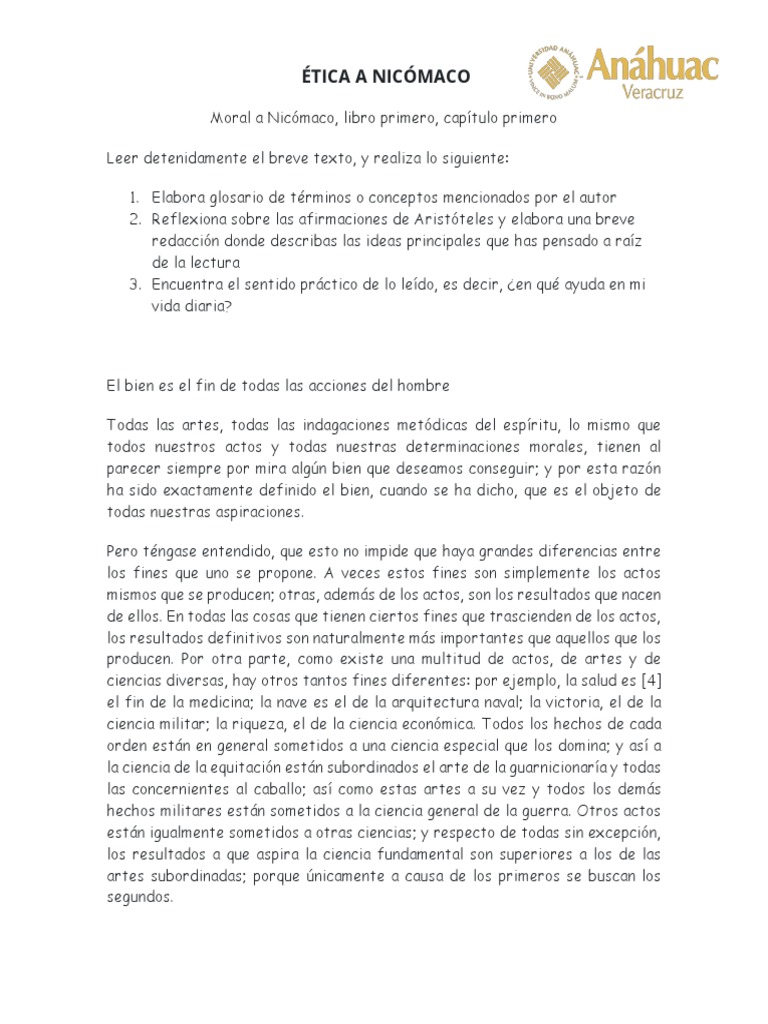 Ética A Nicomaco Libro 1 | PDF | Aristóteles | Moralidad