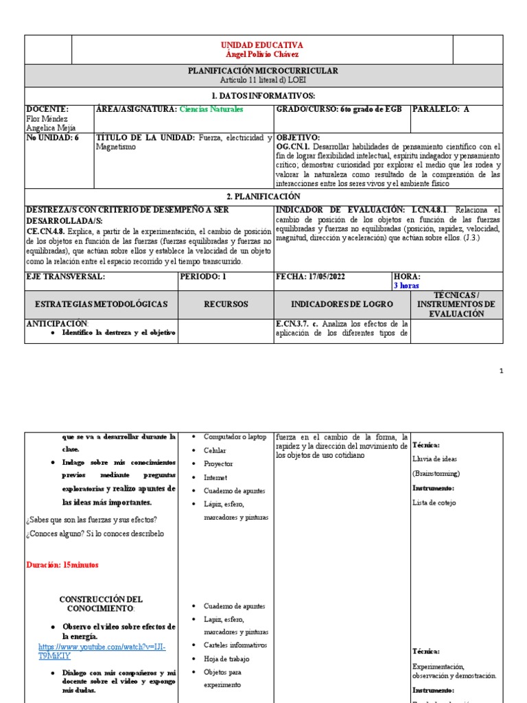 Planificacion 4ta Clase | PDF | Fuerza | Evaluación