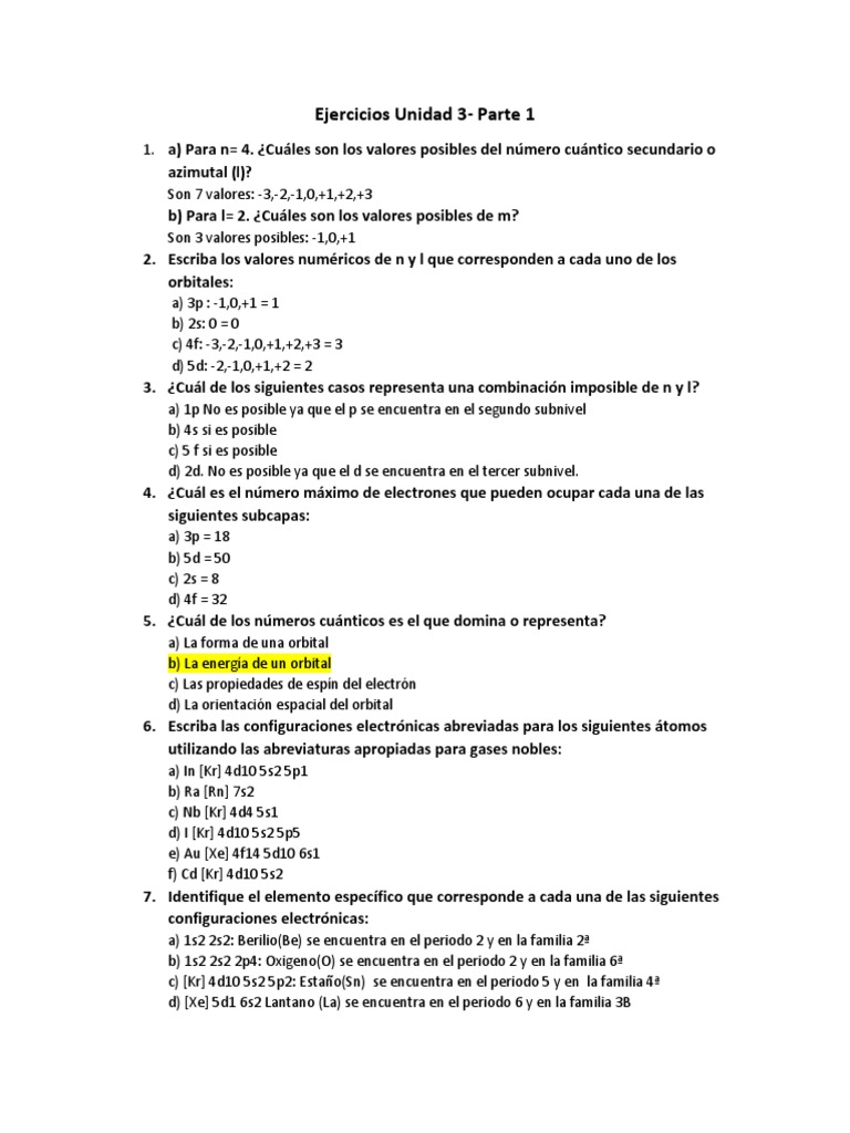 Ejercicios Unidad 3 | PDF | Orbital atómico | Química