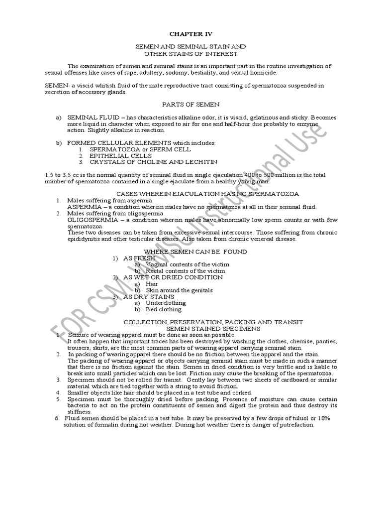 CHAPTER IV Semen and Seminal Stains | PDF | Staining | Semen