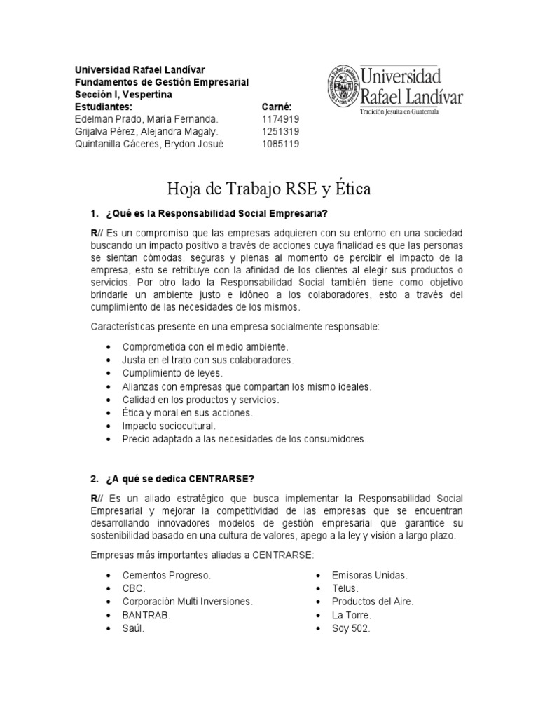 Hoja de Trabajo RSE y Ética | PDF | Responsabilidad social corporativa ...