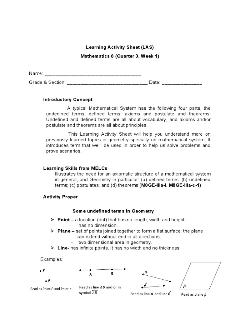 Week 1 LAS - MATH8 GUROFORMS | PDF | Line (Geometry) | Axiom