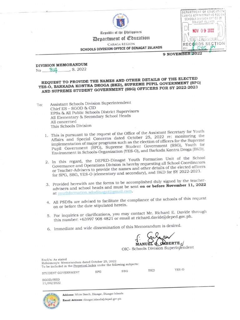 DM No. 314 (BKD) (SPG) (SSG) | PDF