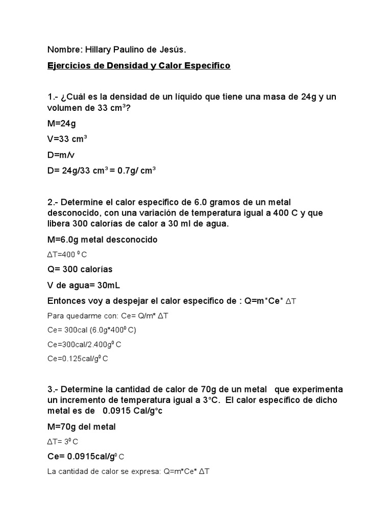 Ejercicios de Densidad y Calor Especifico | PDF | Calor | Mecánica de ...