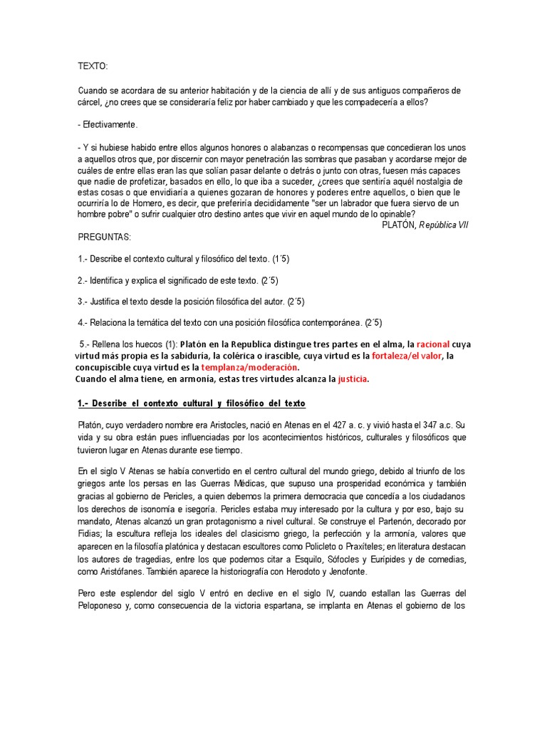 2º Bachillerato Primer Trimestre - Segundo Parcial - Examen - Platón - Comentario de Texto ...