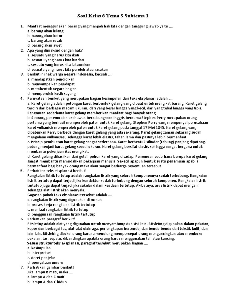 Soal Kelas 6 Tema 3 Subtema 1 Pdf