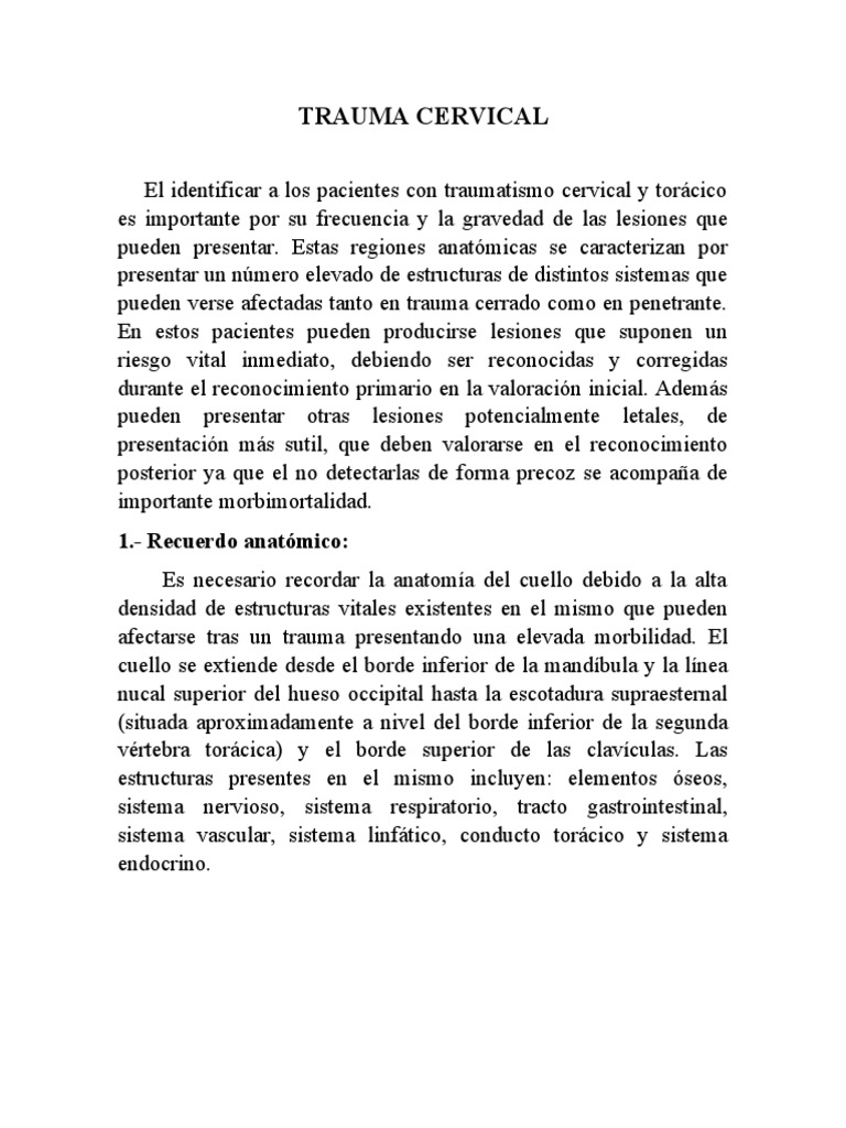 Trauma Cervical Resumen | PDF | Lesión | Angiografía