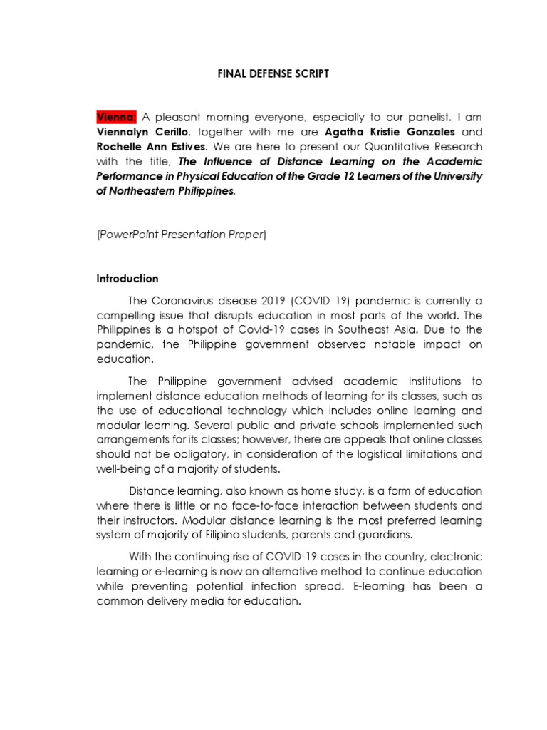 Final Defense Script | PDF | Distance Education | Learning