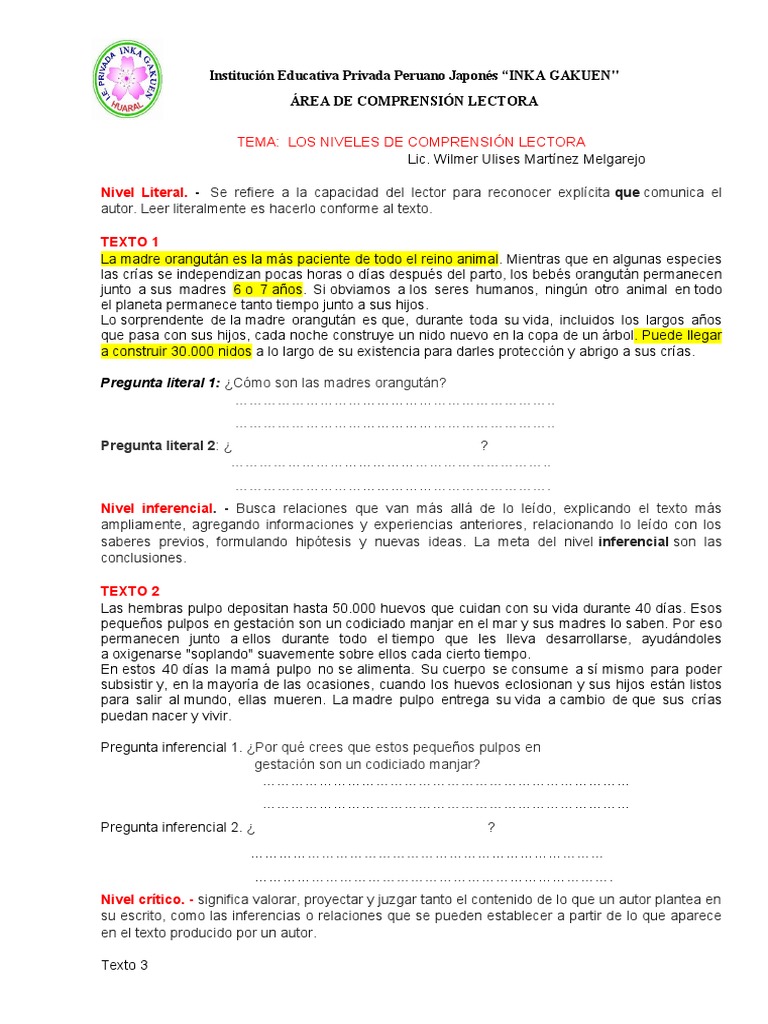 Los Niveles de Comprensión Lectora - Abril 05 - 22 | PDF | Pulpo | Comprensión lectora