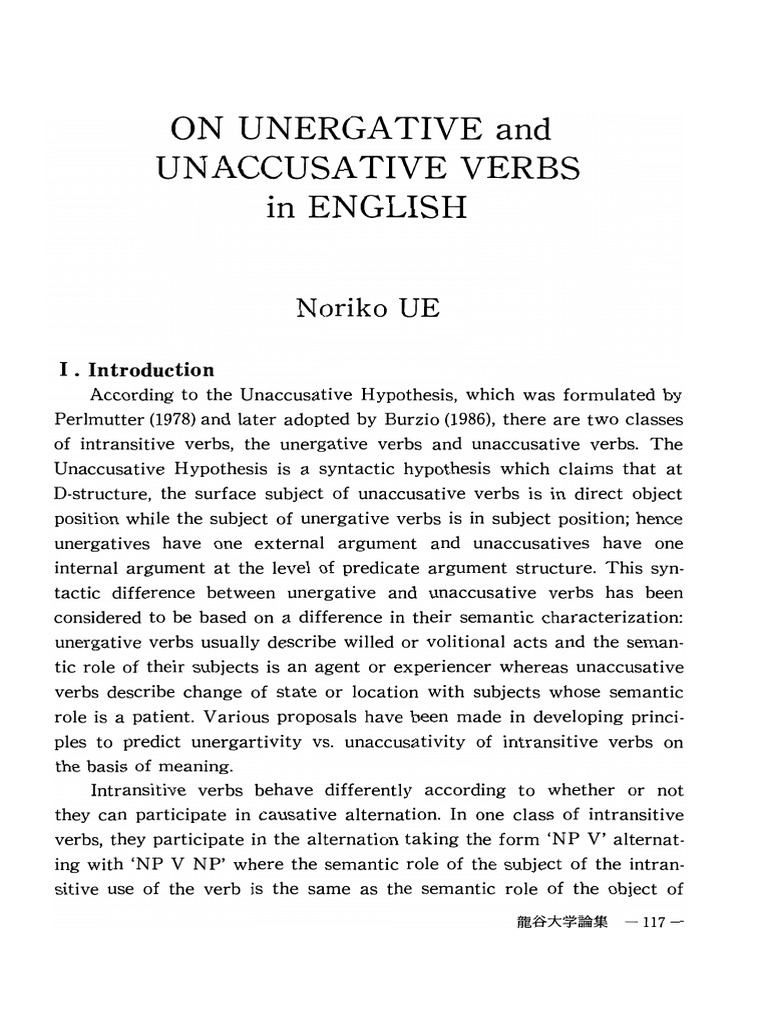 On Unergative and Unaccusative Verbs in English | PDF