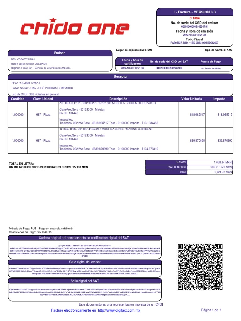 Factura CFDI Mochilas CHIDO ONE | PDF | Pagos | Dinero