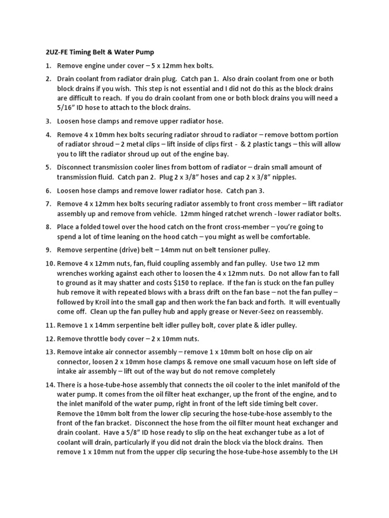2UZ-FE Timing Belt Water Pump Guide 11-14 | PDF | Belt (Mechanical) | Screw