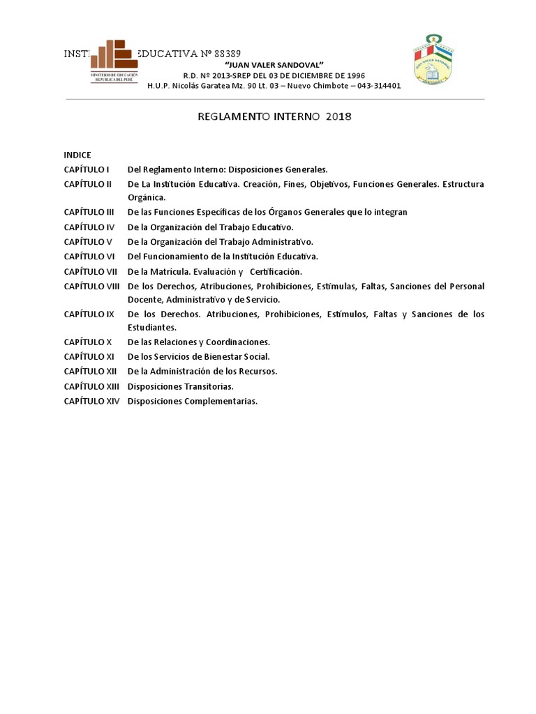Reglamento Interno I.E. Juan Valer Sandoval | PDF | Método de enseñanza ...