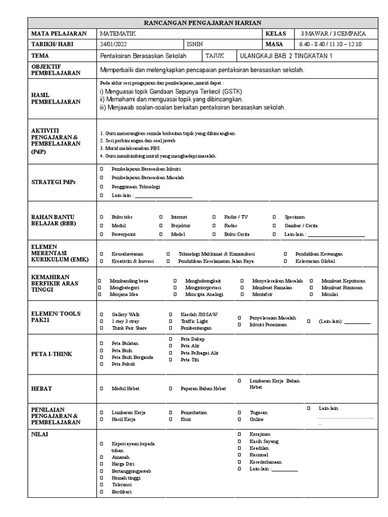 RPH T3 Minggu 2 24. 01.2022 | PDF